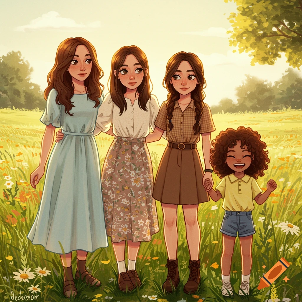 Four sisters standing in a sunlit meadow among wildflowers. on Craiyon