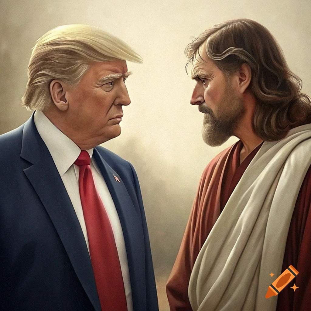 Painting of Donald Trump placing a golden crown on Jesus Christ's head ...