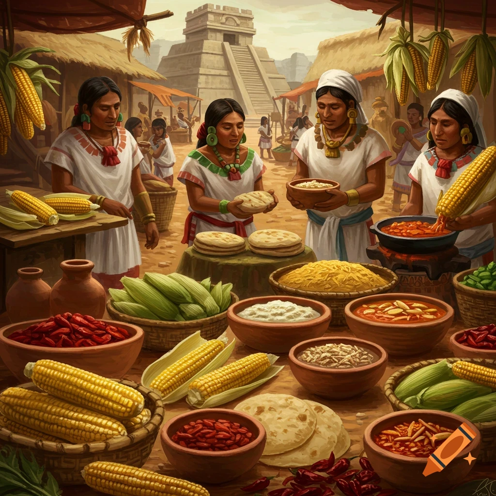 People selling maize and food at an ancient Mayan market with a pyramid. on Craiyon