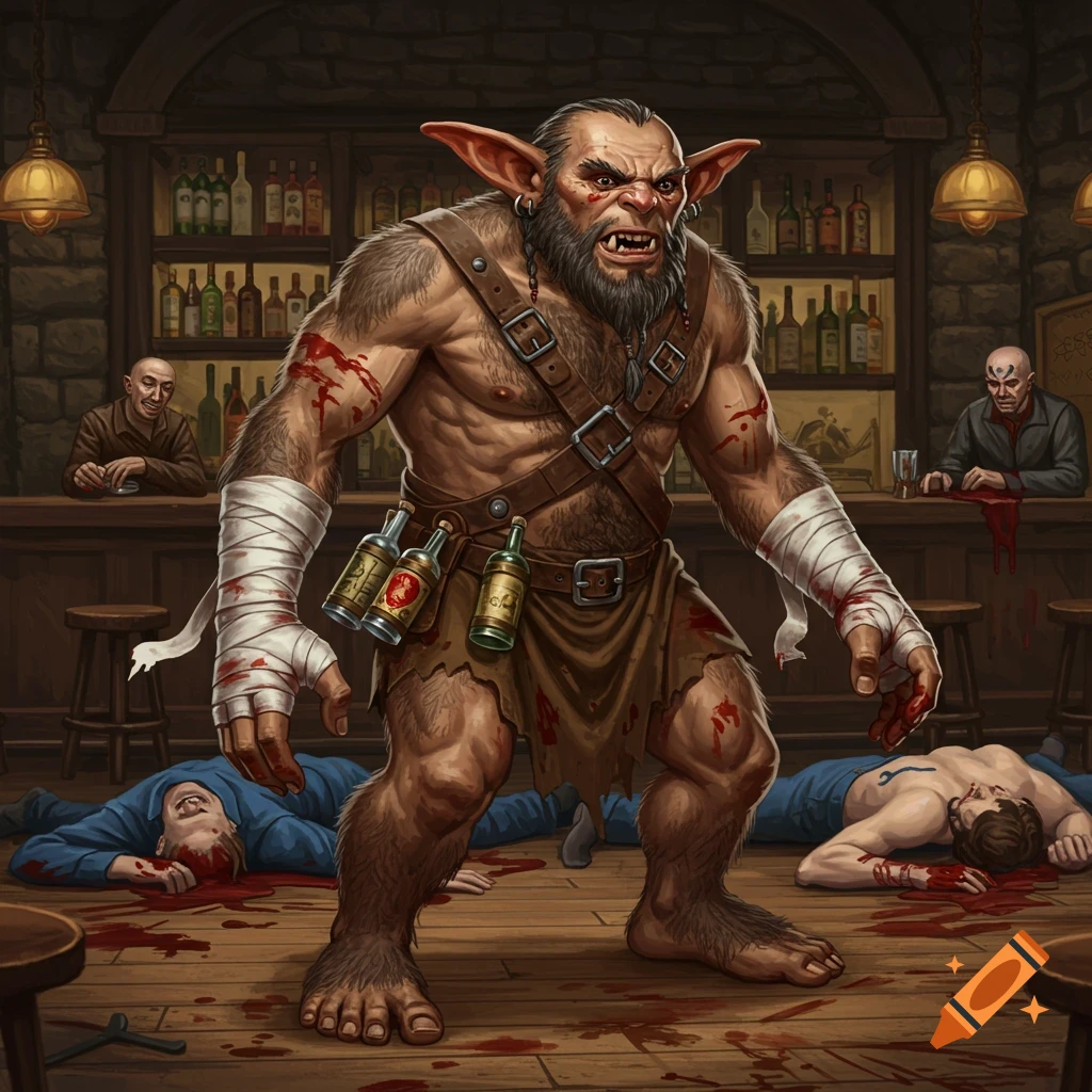 Bugbear with bloody bandages in a bar with unconscious humans on Craiyon