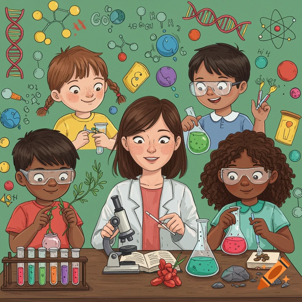Cartoon illustration of diverse children and teacher doing science experiments on Craiyon
