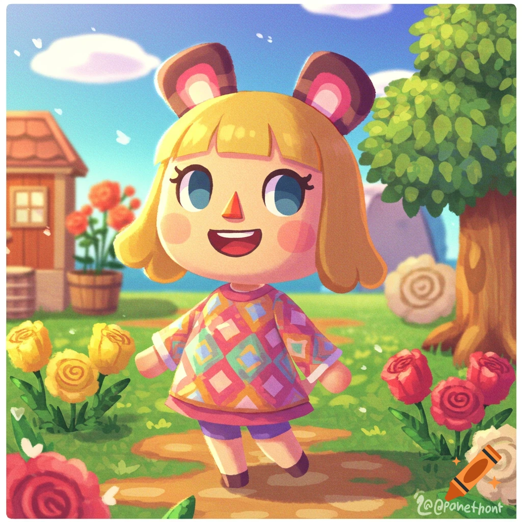 Animal Crossing characters stand in a village scene with a giant pear ...