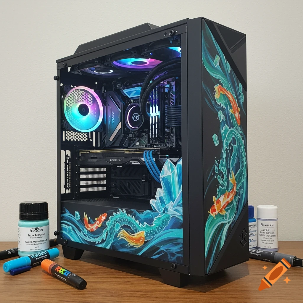 Ethereal PC case design with koi ponds and dragons using Posca pens on ...