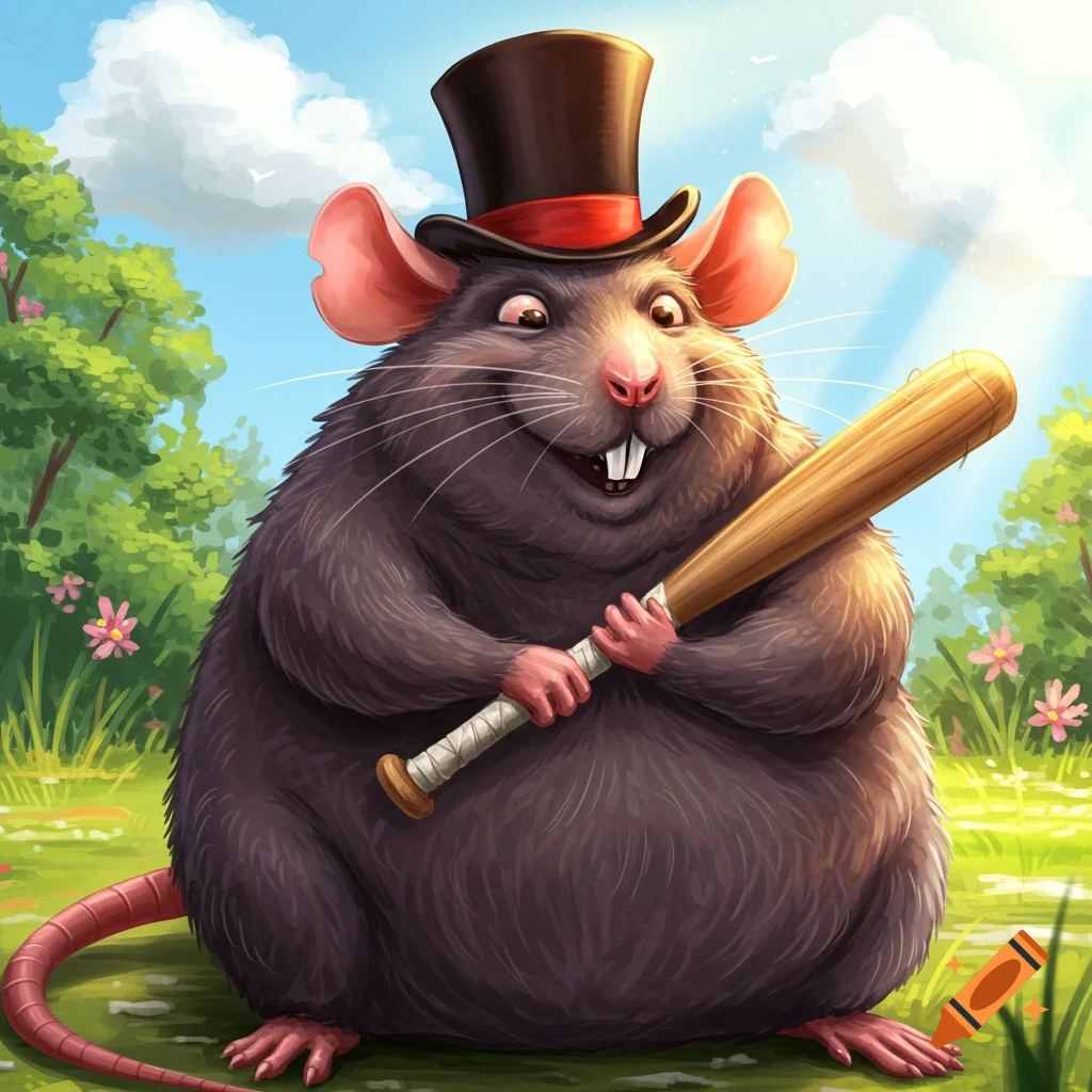 A large brown rat in a top hat holds two baseball bats as two small ...