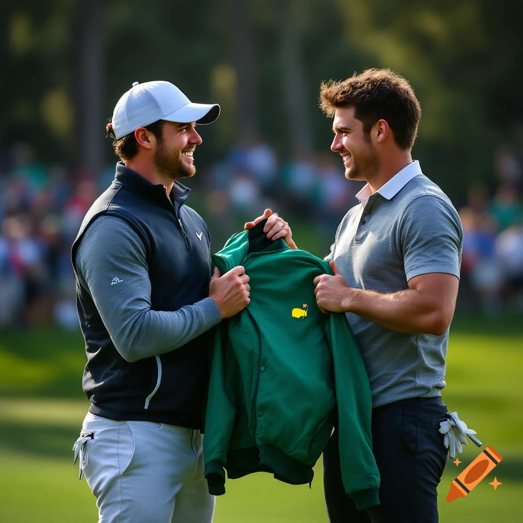 Rory McIlroy handing Masters jacket to Harry Maguire on a golf course ...