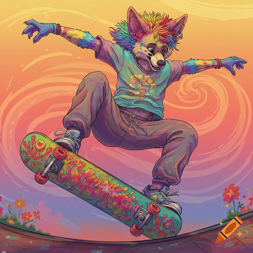 Furry hippy skateboarder in sweatpants on Craiyon