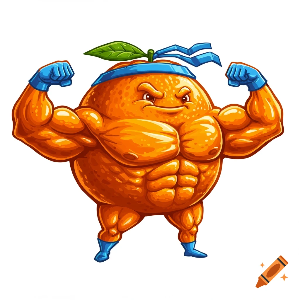 Muscular orange wearing a blue headband and blue gloves, flexing its ...