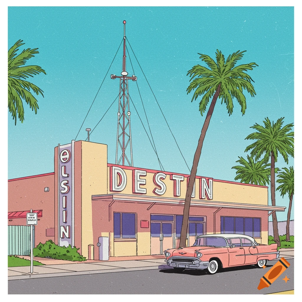 A retro pink building with DESTIN sign, a vintage pink car, palm trees ...