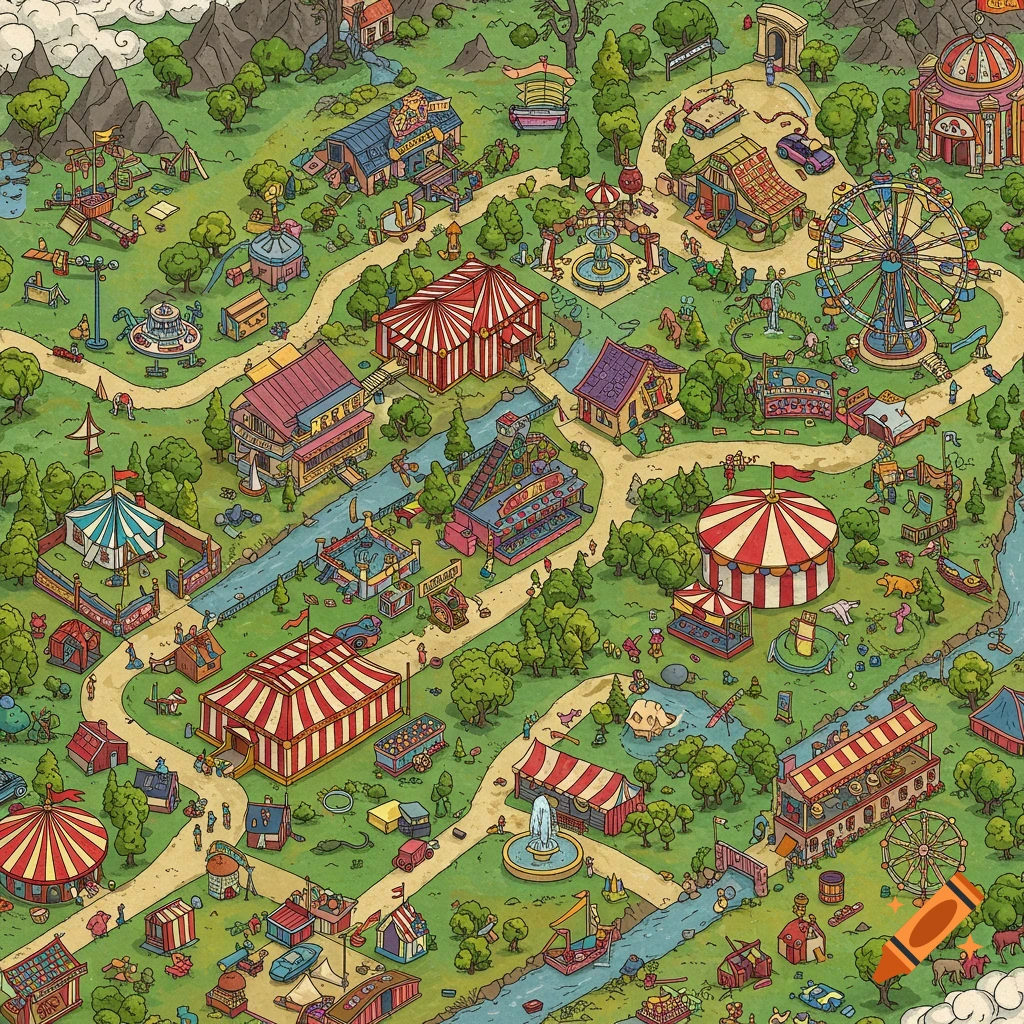 Illustrated map of a bustling carnival with tents, rides, and people ...