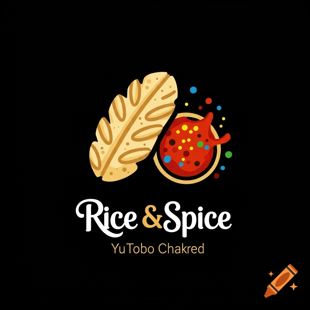 Logo with stylized rice grain, bowl of spice, and text 'Rice & Spice ...