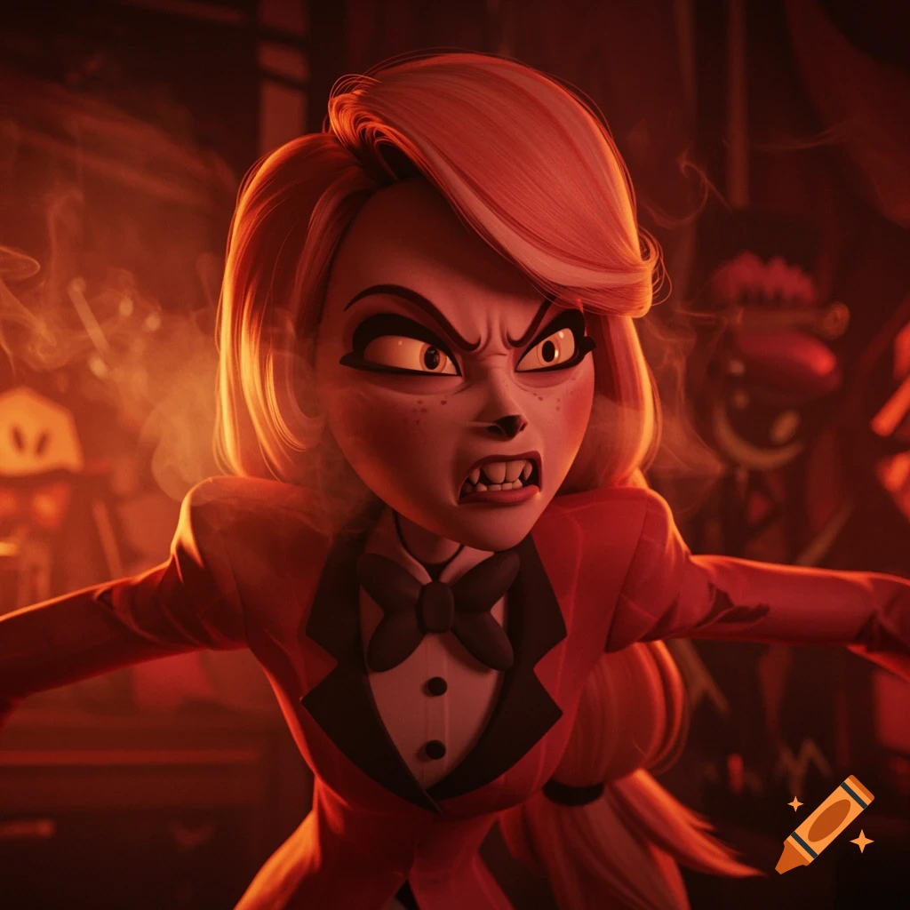 Animated close-up of Charlie Morningstar from Hazbin Hotel in a fit of ...