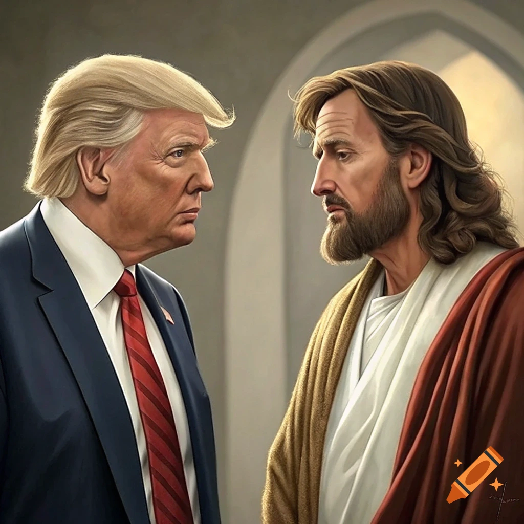 Painting of Jesus Christ and Donald Trump shouting at each other in the ...