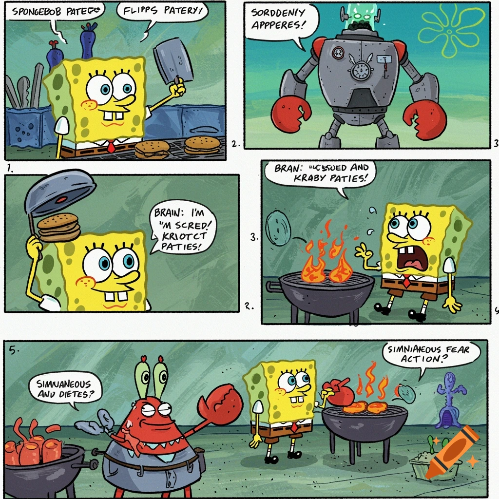 Spongebob comic illustrating the Cannon-Bard Theory on Craiyon
