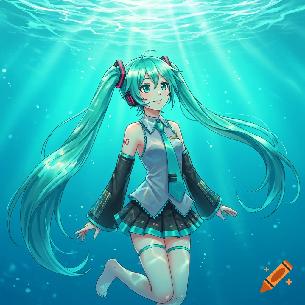 Hatsune Miku is floating underwater with light rays. on Craiyon