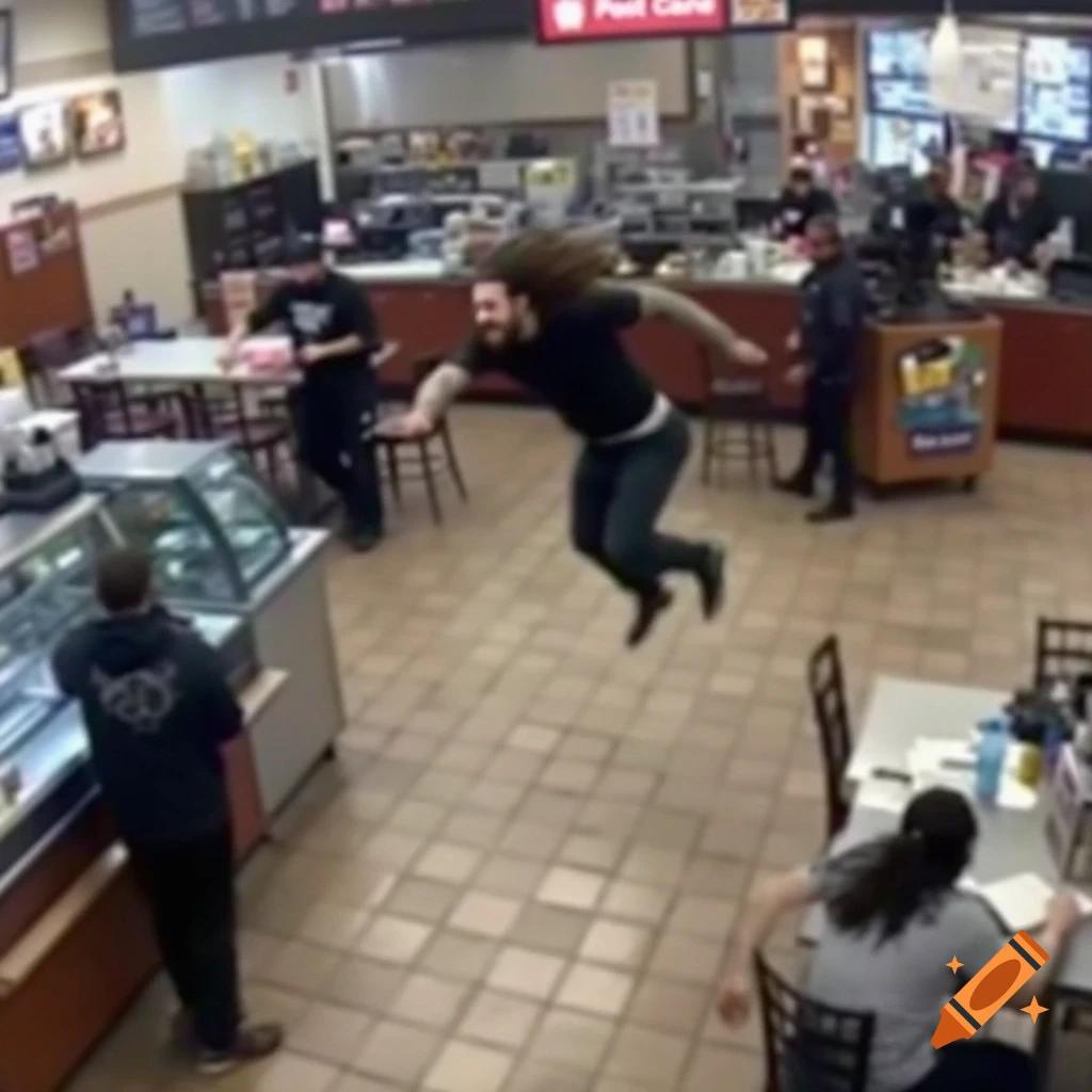 Low-quality CCTV footage shows a man jumping mid-air in a fast food ...