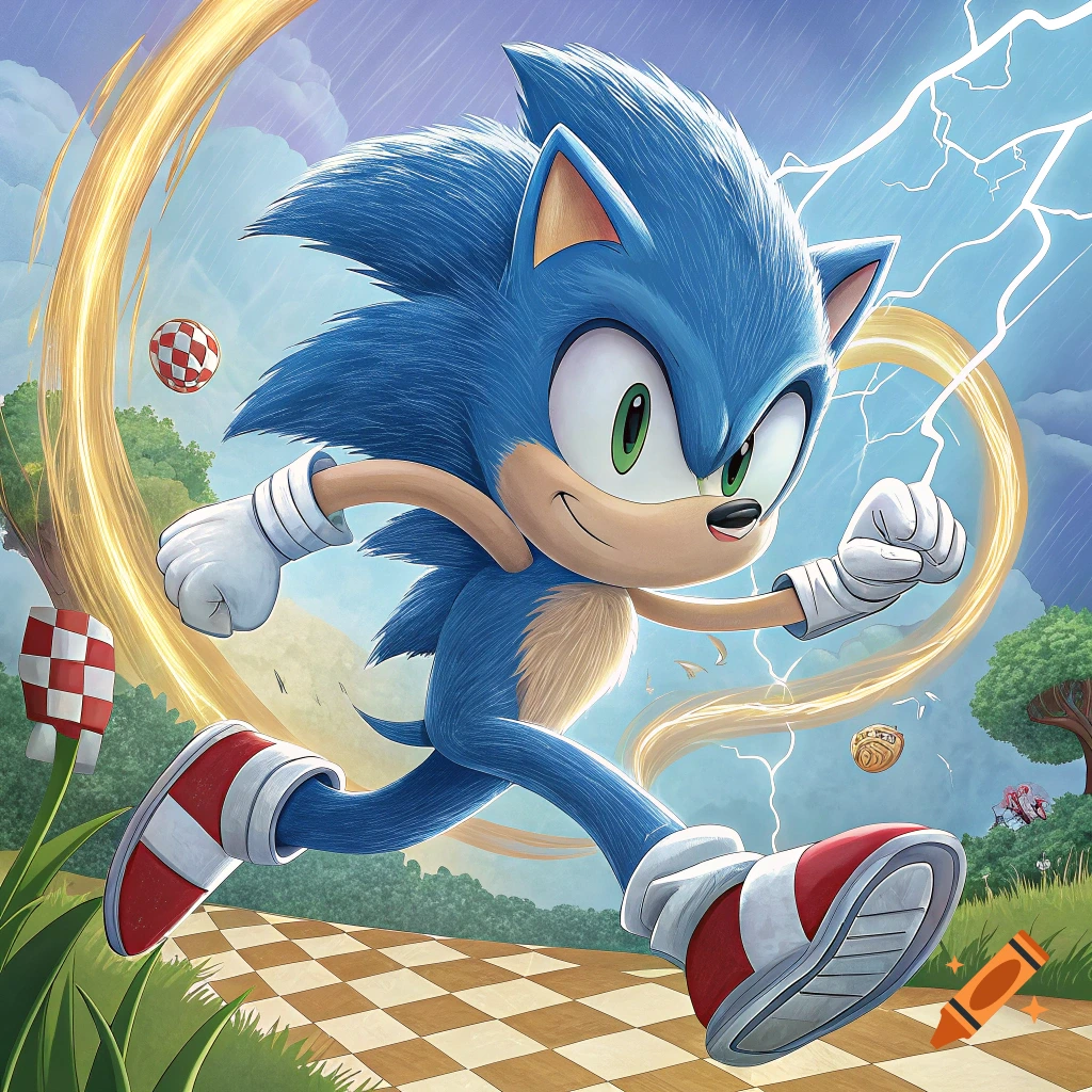 Sonic the Hedgehog runs on a checkered path under a stormy sky with ...