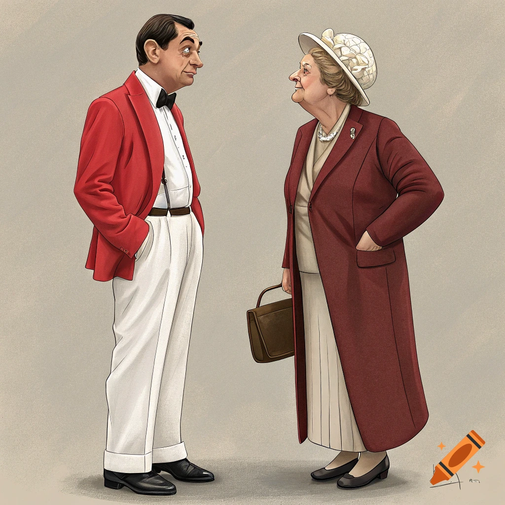 Mr. Bean meeting Mrs. Bucket from Keeping Up Appearances on Craiyon