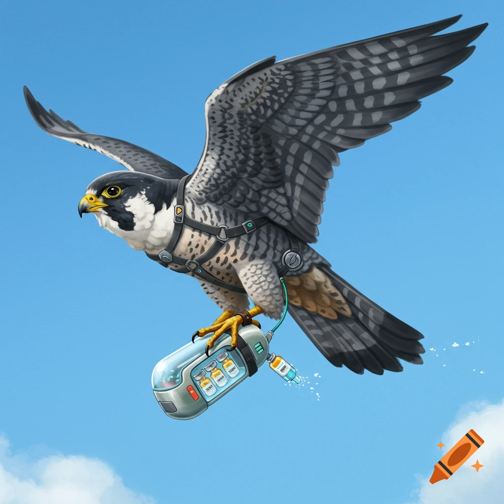 A peregrine falcon flying while carrying medical vials in a harness. on ...