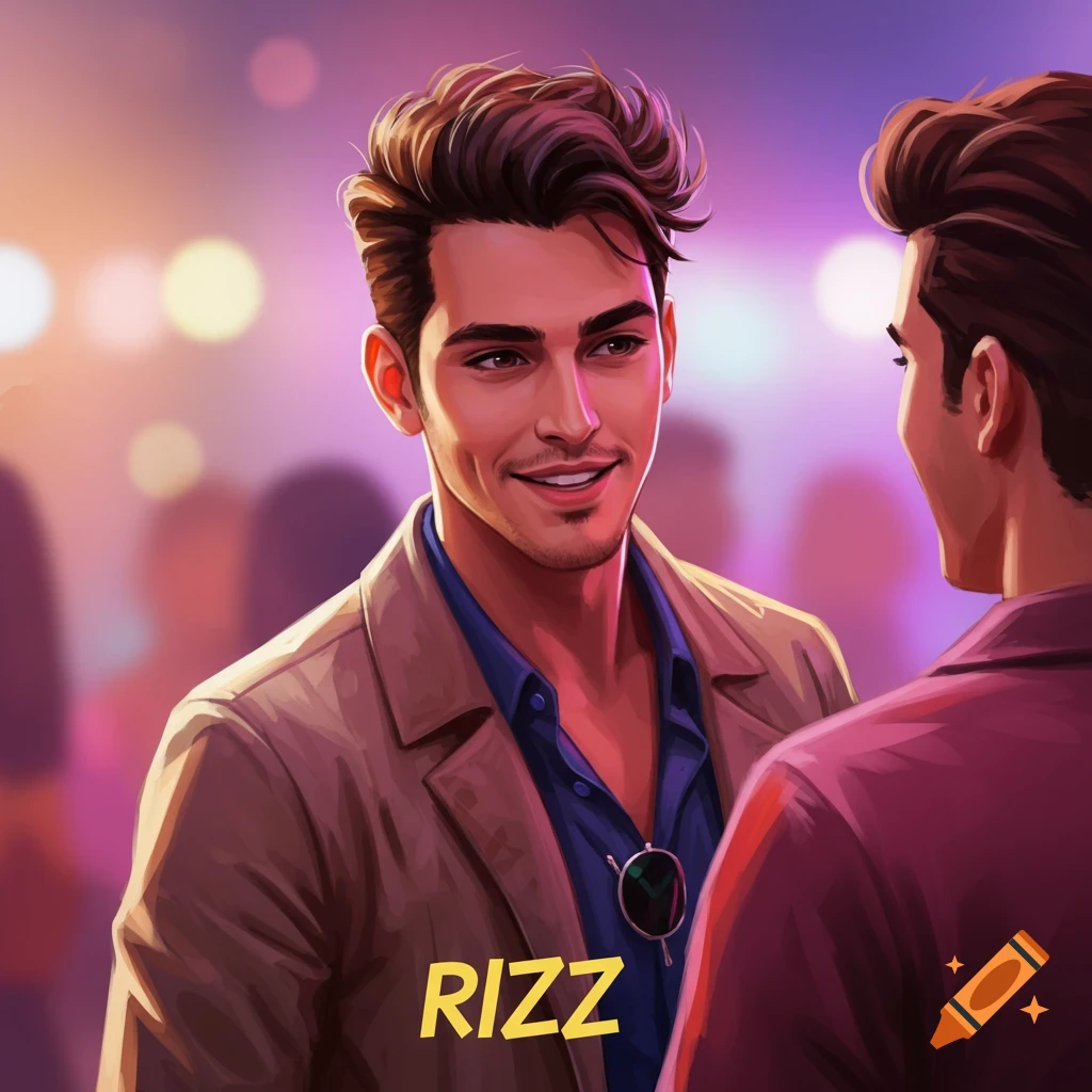 Two men are talking, with the word RIZZ on Craiyon