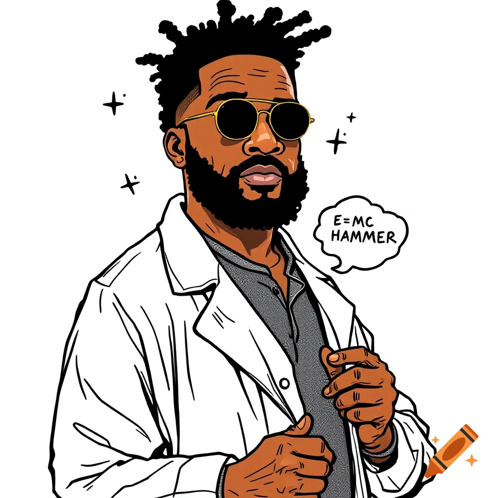 Cartoon illustration of a man in a lab coat with a speech bubble reading E=MC HAMMER. on Craiyon