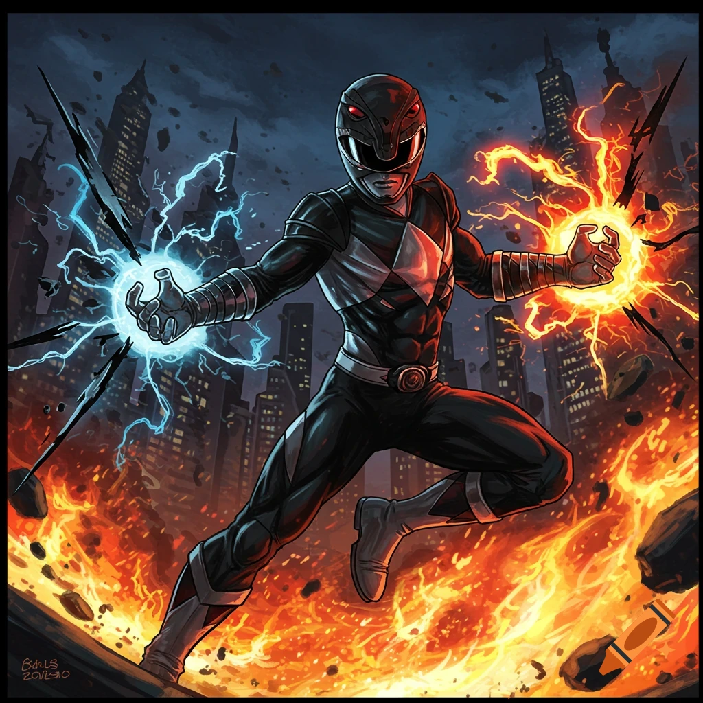 A superhero with fire and ice powers stands in a city at night on Craiyon