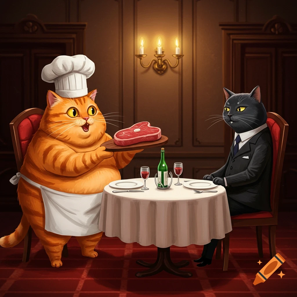 Orange chubby cat serving steak to boss cat in dining area on Craiyon