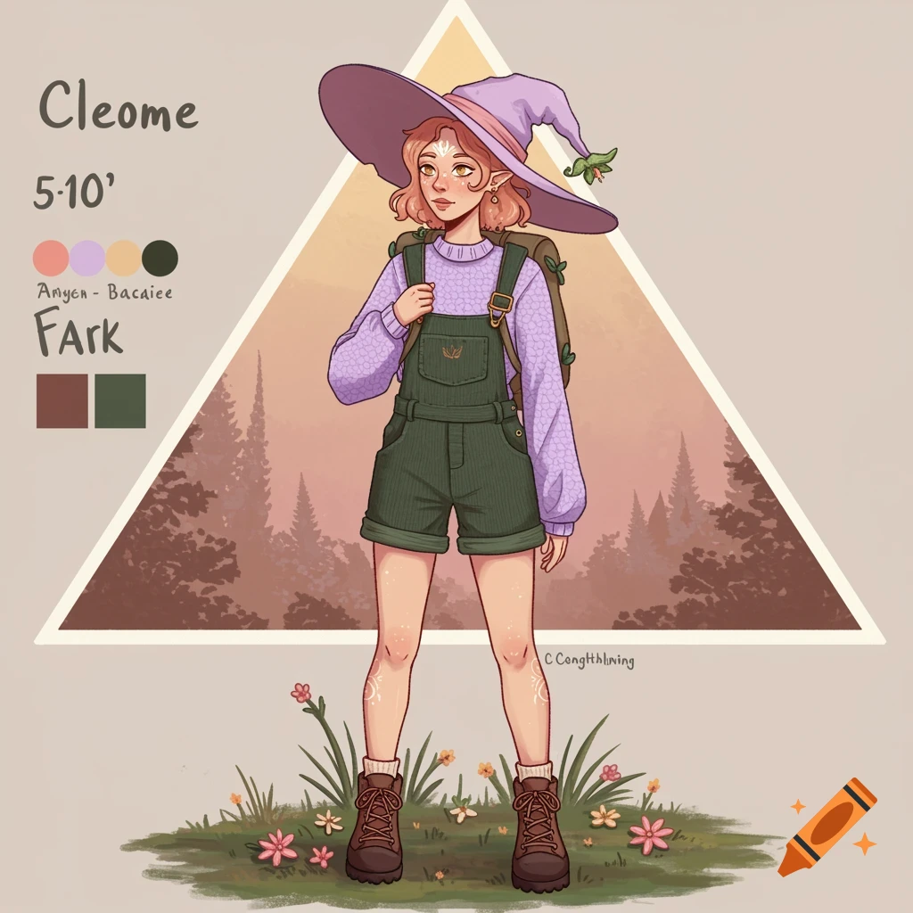 Character portrait of Cleome in a purple sweater, green overalls, and ...