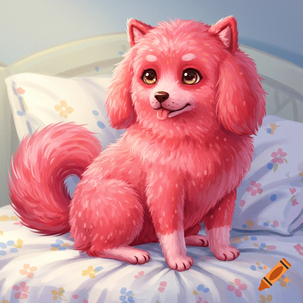 Strawberry dog sitting on a bed on Craiyon