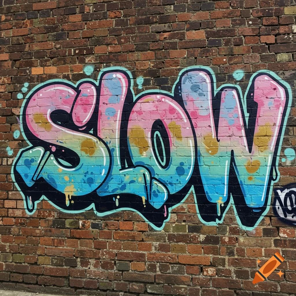 Colorful bubble graffiti spelling 'SLOW' on a brick wall on Craiyon