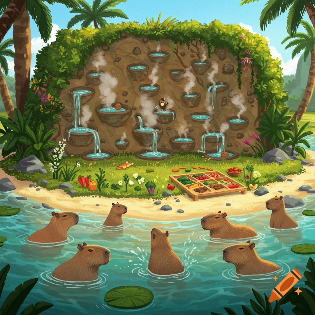 Capybaras relaxing in hot springs and a food area on a tropical island ...
