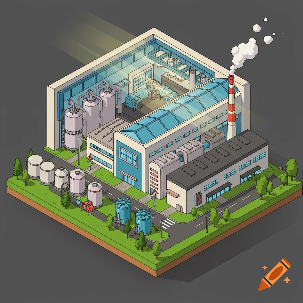 Isometric view of a factory on Craiyon