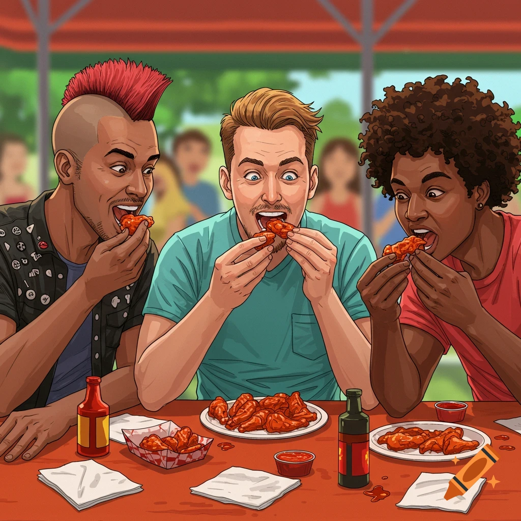 Men eating hot wings on Craiyon