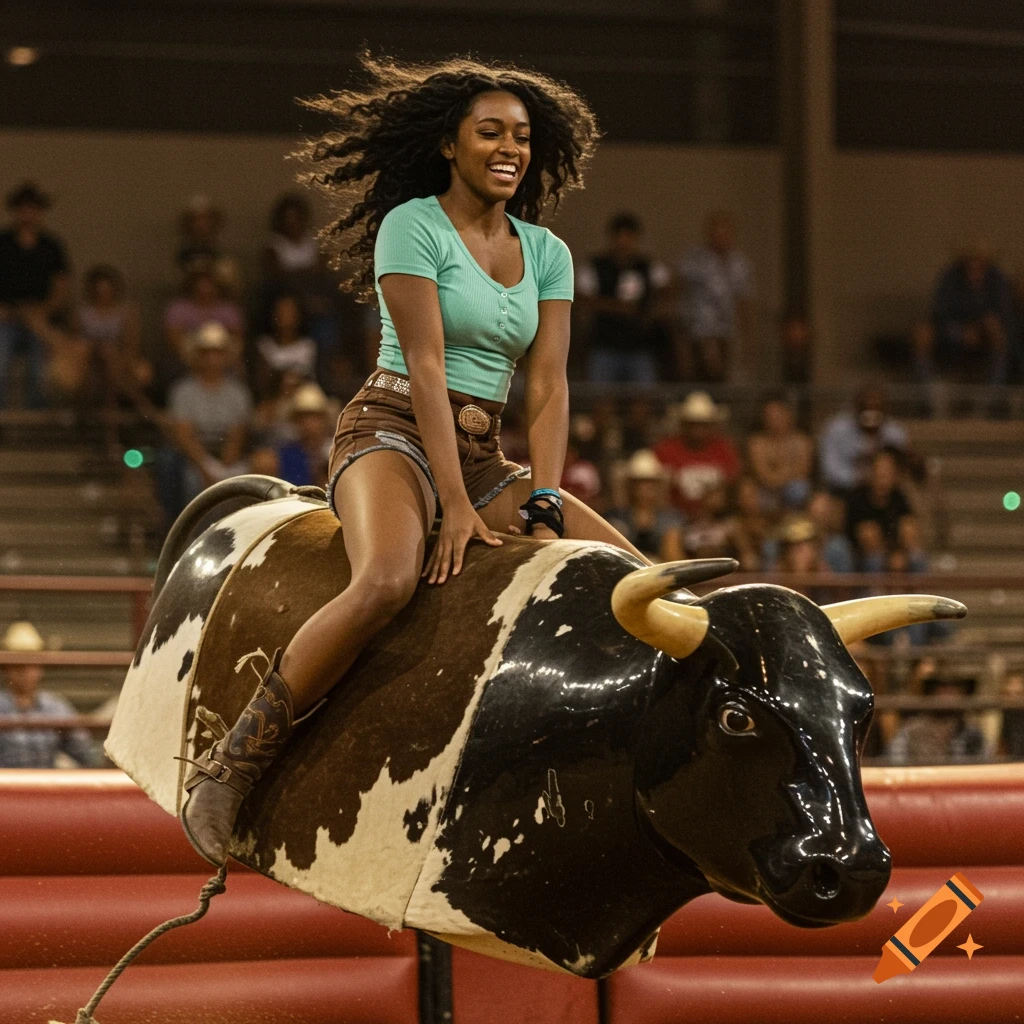 Cowgirl in crop top and shorts riding a mechanical bull, animated on ...