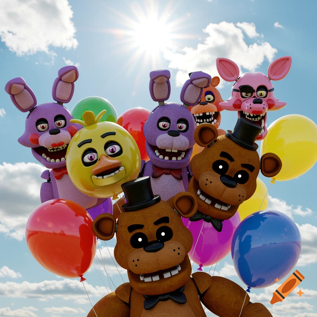 Five Nights at Freddy's characters as balloons floating in a sunny sky ...