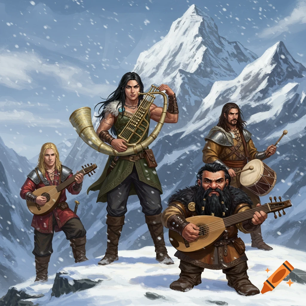 Four people on a snow-covered mountain, including a dwarf and woman ...