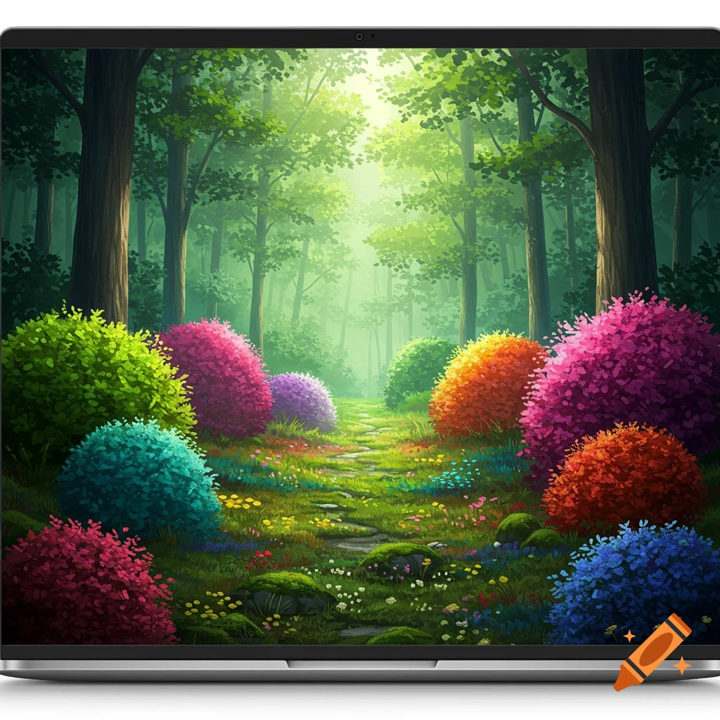 A forest path is lined with bright, multi-colored bushes and ...