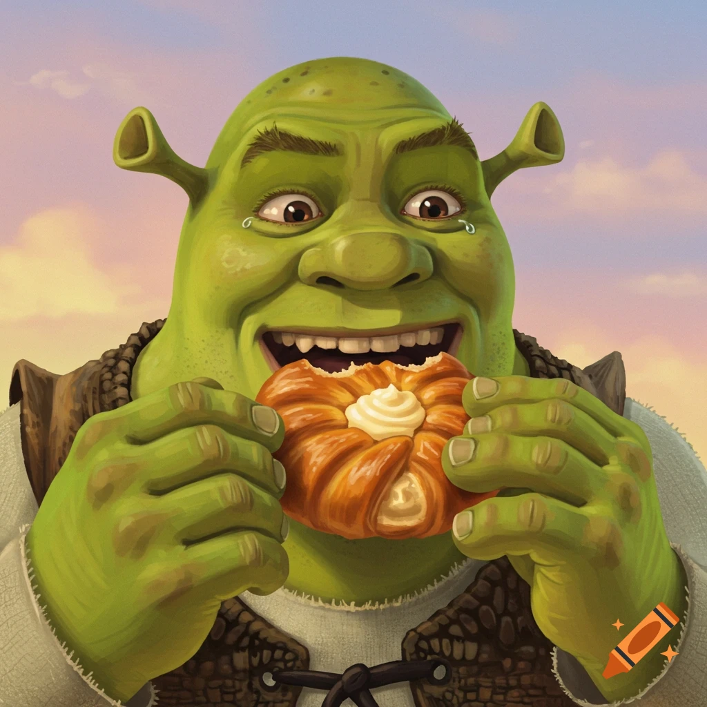Shrek happily eating spaghetti with sauce in a forest setting, in ...