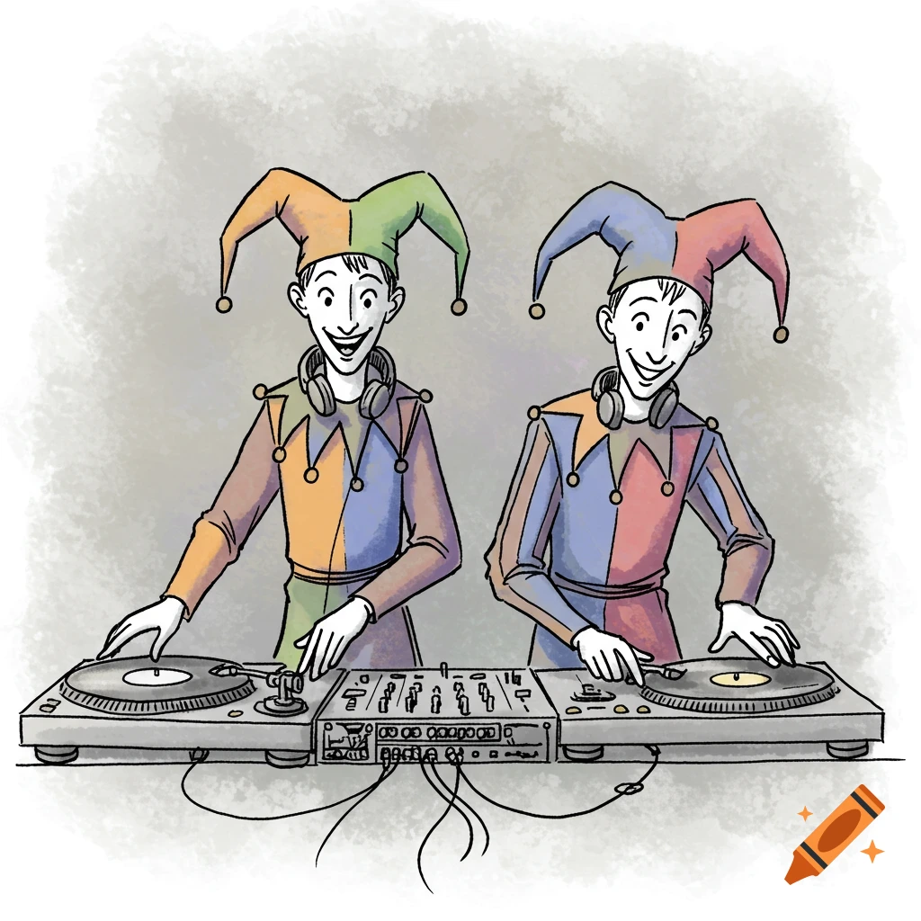 Minimal sketch of two medieval court jesters DJing in jester hats on ...
