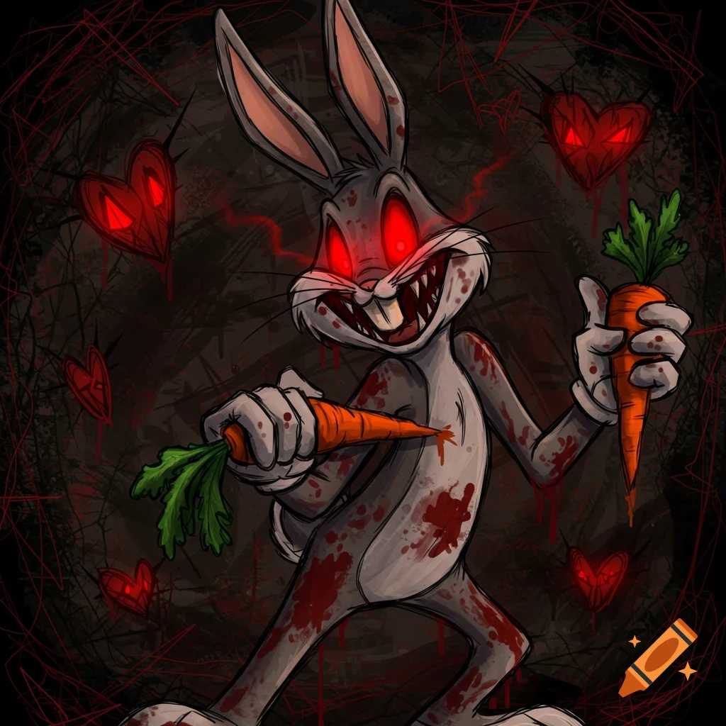 Illustration of a creepy bunny holding a bloody knife. on Craiyon