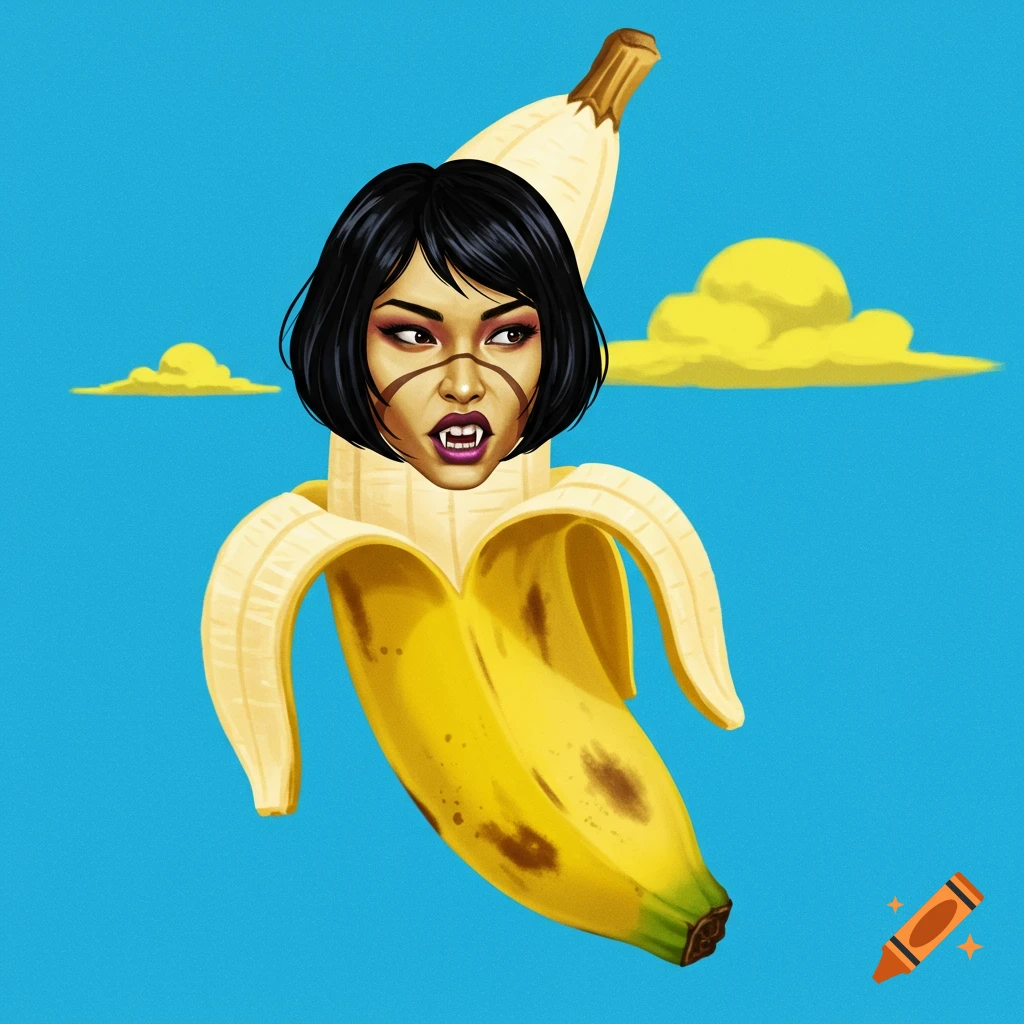 A face with fangs and facial markings emerging from a peeled banana ...
