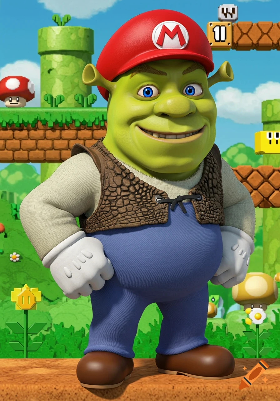Shrek dressed as Mario standing in a classic Super Mario Bros level on ...