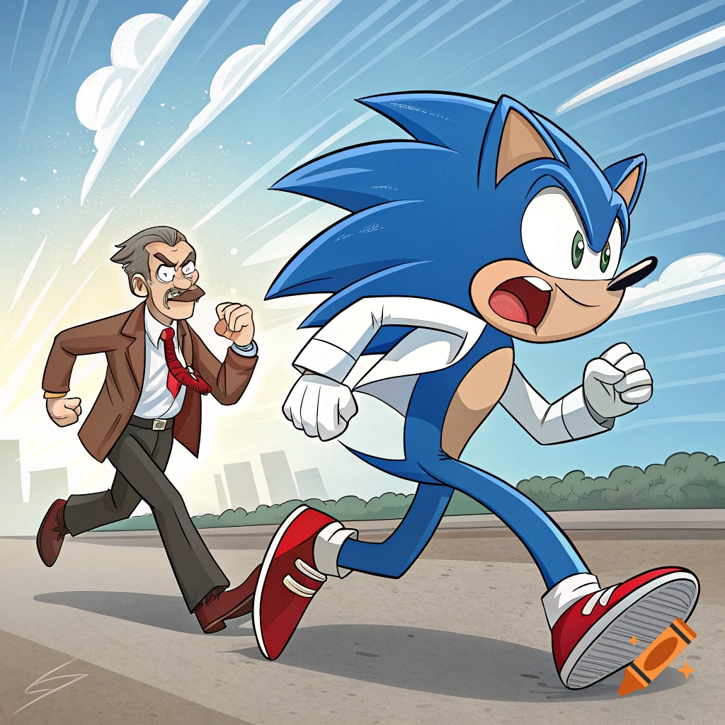 Cartoon of Sonic the Hedgehog running from a man resembling Robert ...