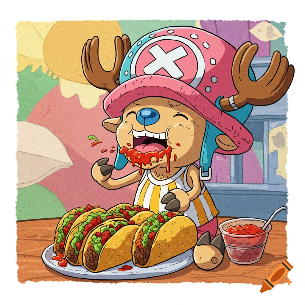 Cartoon illustration of Tony Tony Chopper from One Piece happily eating ...