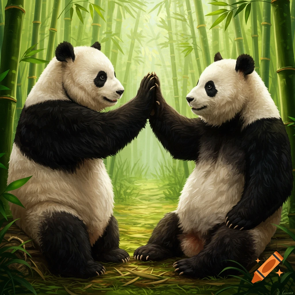 Digital painting of two pandas high-fiving in a bamboo forest. on Craiyon