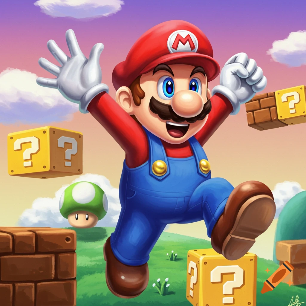 Mario is mid-air in a level that features question blocks and a Super ...