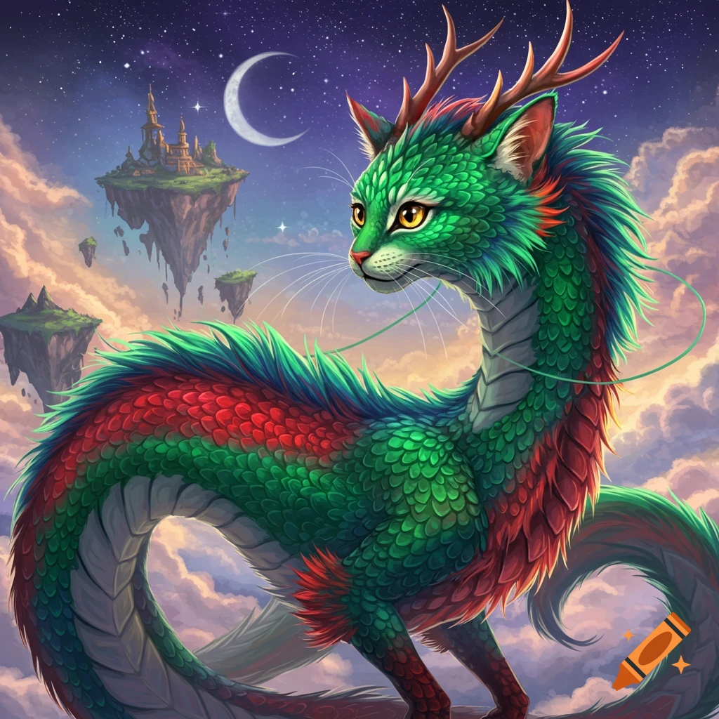 A green and red cat-dragon in a fantasy sky with floating islands. on ...