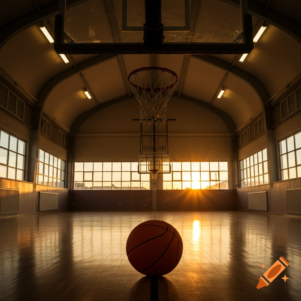 Empty basketball gym with ball under basket on Craiyon