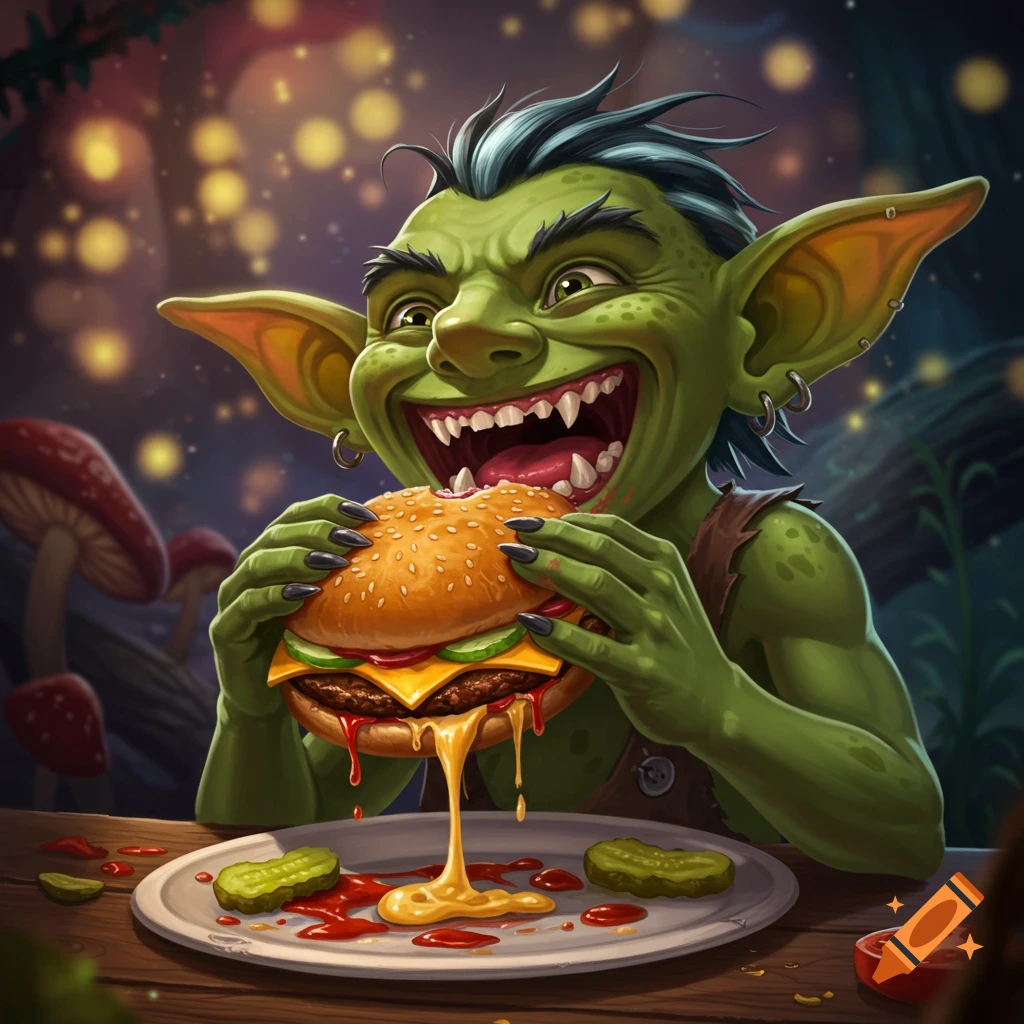 Goblin eating a burger on Craiyon