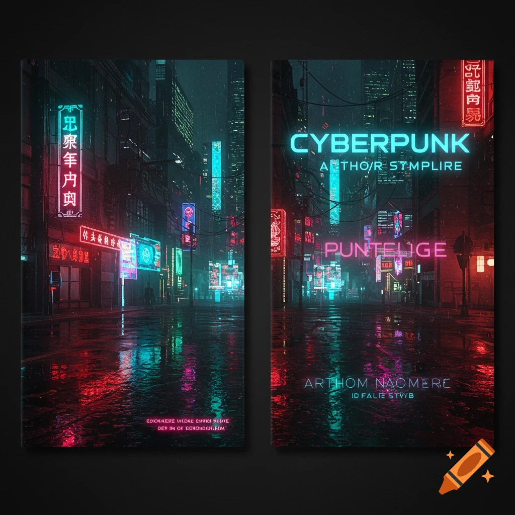 Cyberpunk book cover template with neon outlines on Craiyon