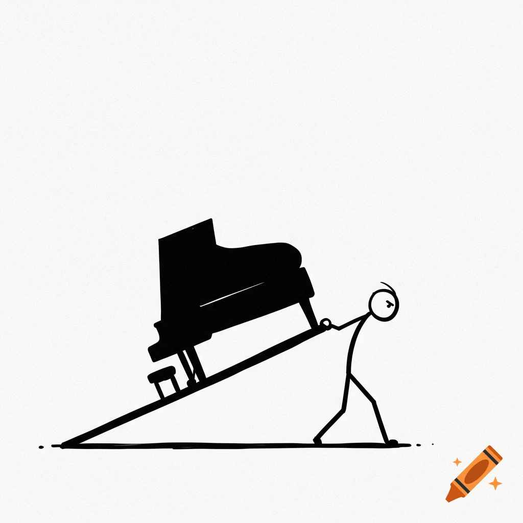 Black and white stick figure drawing of a man pulling a piano up an ...